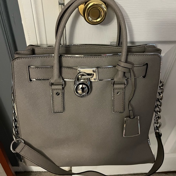 Bags | Michael Kors Hamilton Large Pearl Gray Leather Cinder Tote ...